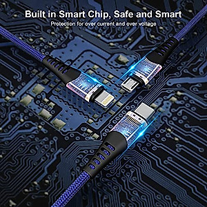 Bawanfa Multi 3 in 1 USB Long Charger Cable, 3M/10Ft 6A PD Fast Braided Charging Cord, Universal Multiple Ports Long Charging Cable with USB C/Micro USB/Lightning Connector