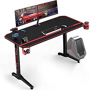 VITESSE Ergonomic Gaming Desk 55 Inch, T Shaped Office PC Computer Desk with Full Desk Mouse Pad, Gamer Tables with Gaming Handle Rack, Cup Holder Headphone Hook