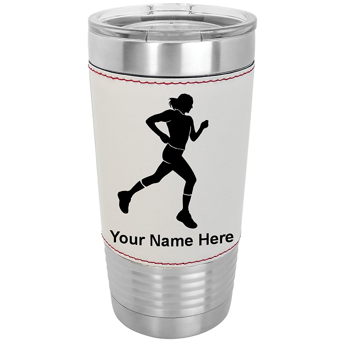 LaserGram 20oz Vacuum Insulated Tumbler Mug, Running Woman, Personalized Engraving Included (Faux Leather, Baseball Style)