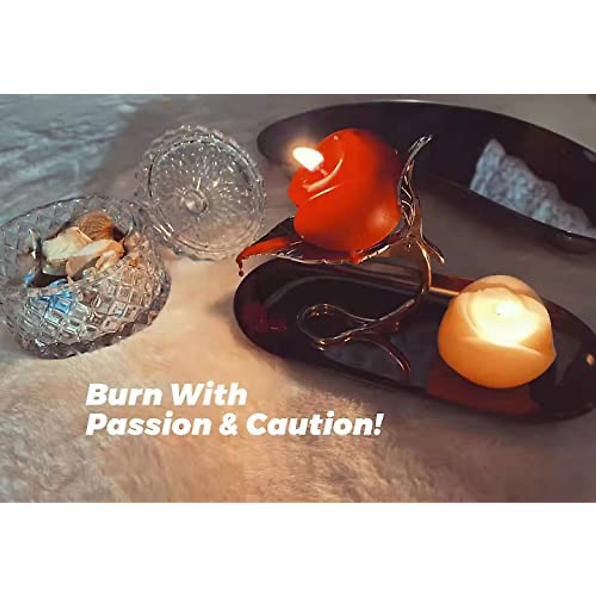 Zestler Bundles Candle Holder Set with 2 Rose Candles in White and red Plus a Stainless Steel Wax Removal Blade