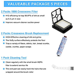 Replacement Parts for Bissell Crosswave and Bissell Crosswave Pet Pro 1785A 2306A 1785 Vacuum Cleaner, 2 Pack Crosswave Brush Roll 1868 and 2 Pack Crosswave Filters 1866