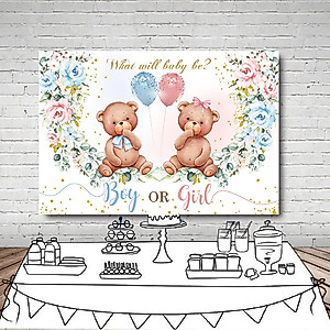 MEHOFOND 8x6ft Bear Gender Reveal Baby Shower Party Backdrop Boy or Girl Blush Pink Blue Floral Photography Background Party Decor Blue and Pink Balloons Gold Confetti Photobooth