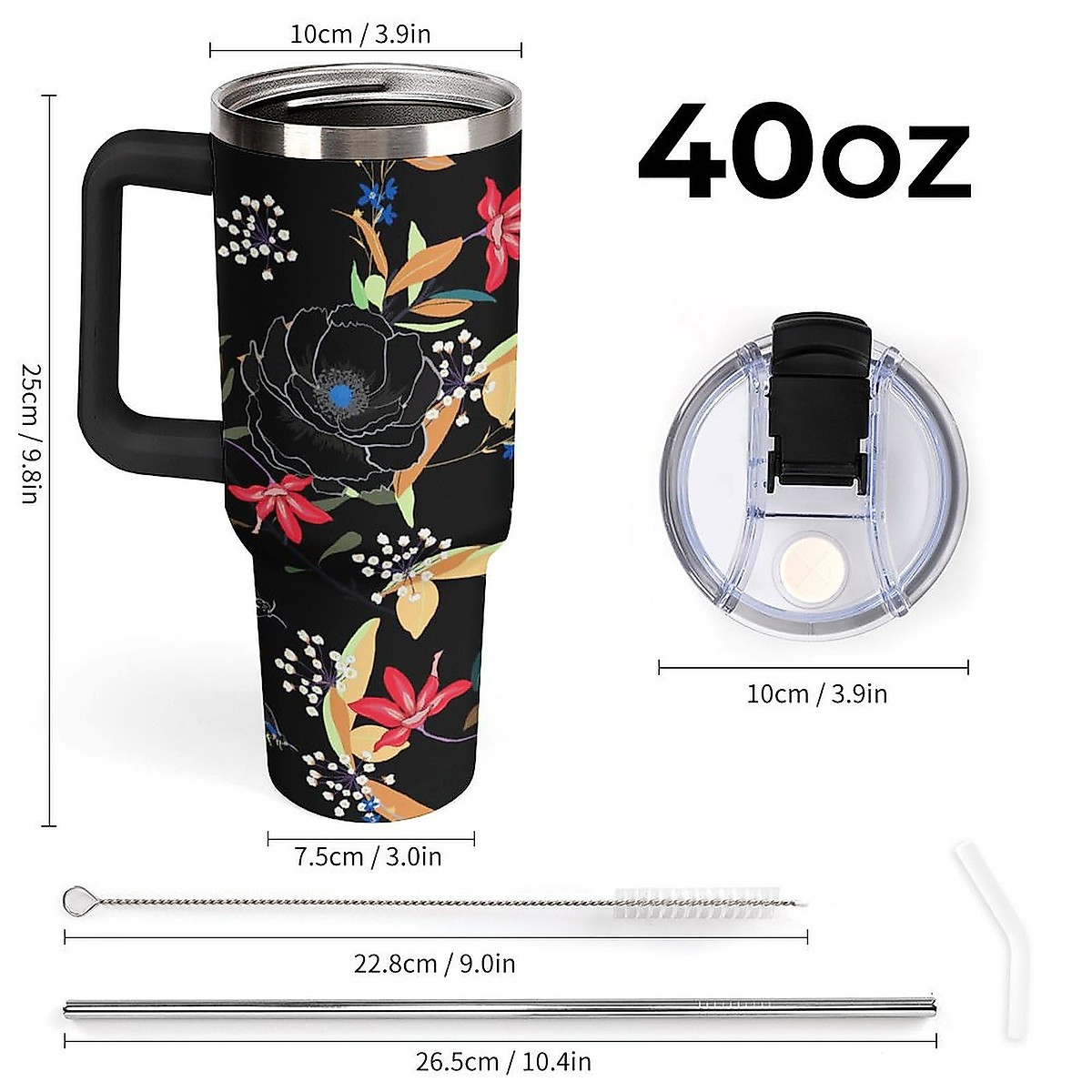 40oz Insulated Tumbler with Handle & Straw Stainless Steel Vacuum Sealed Water Bottle Leakproof Travel Mug for Car, Outdoor & Home BPA-Free Double Wall Cold Hot Beverage Thermos Flower