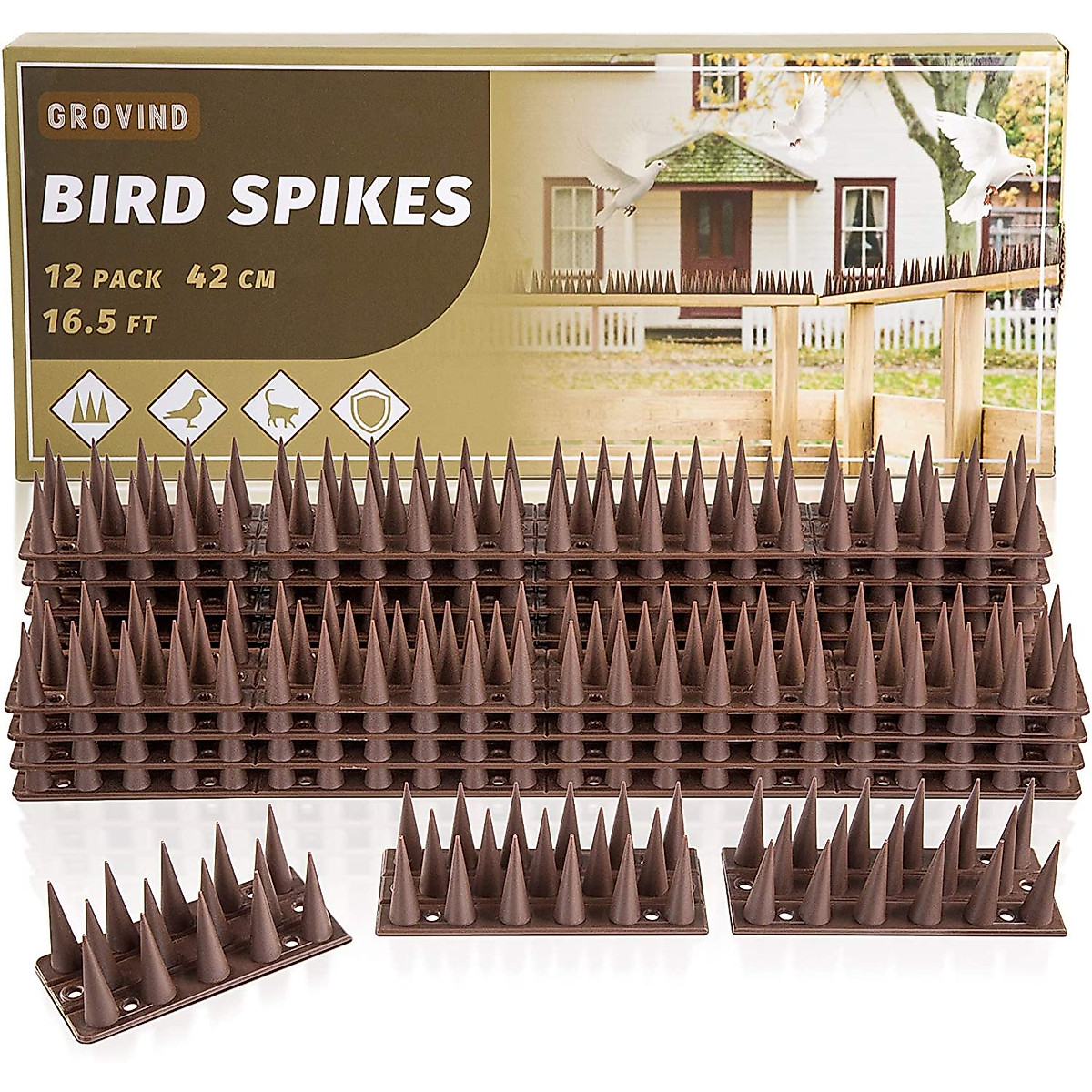 Bird Spikes, Grovind Plastic Spikes for Outdoor Bird Spike Security Bird Deterrent Spikes, Cat Raccoon Squirrel Spikes Pigeon Spikes for Fences and Roof Keep Birds Away - 12 Pack