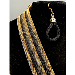 MMonesu Long Statement Necklace Waterfall Multi Strand Statement Bib Necklace Alloy Multi Layer Choker 10 Layers Chunky Collar Jewelry，Long Chains，Dress Prom Party (Gold-Black-Silver)