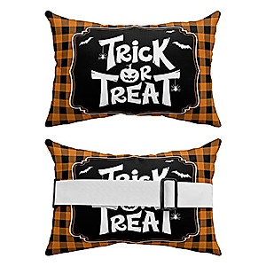 Recliner Head Pillow Ledge Loungers Chair Pillows with Insert Trick or Treat Pumpkin on Buffalo Plaid Lumbar Pillow with Adjustable Strap Outdoor Waterproof Patio Pillows for Beach Pool, 2 PCS