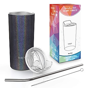 THILY Stainless Steel Insulated Skinny Tumbler 16 oz Vacuum Insulated Coffee Cup with Splash-proof Lid, Straw, Keeps Ice Drinks Cold, Glitter Gray