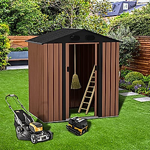 FOOWIN Outdoor Metal Storage Shed,Outdoor Storage with Sliding Doors and Vents,Metal Garden Shed Steel Anti-Corrosion Storage House Metal Sheds for Backyard Garden Patio Lawn (Brown & Grey 6 'x 4')