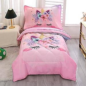 Pink Unicorn Toddler Bedding Set for Girls 4 Piece Flower Toddler Comforter Set for Kids Bed-in-a-Bag Bedspreads Quilt Toddler Bed Sheet Set with Quilted Comforter,Flat Sheet,Fitted Sheet,Pillowcase