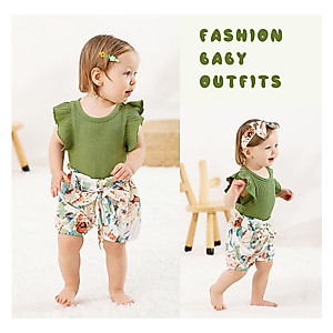 Tiny Cutey Baby Girl Clothes Infant Summer Outfits Set Ruffle Sleeve Romper and Floral Shorts with Headband (Sleeveless Green, 100)
