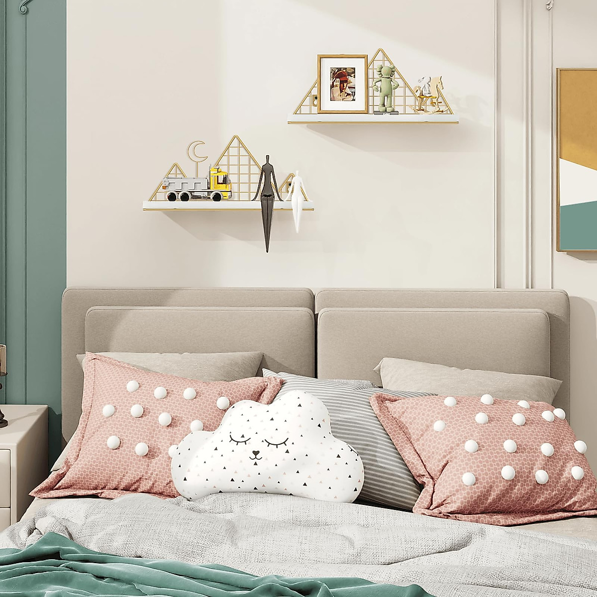 Homode Floating Shelves, Set of 2 Mountain Shelves Wall Decor, Metal and Wood Hanging Shelves Woodland Bookshelf for Nursery, Kids Room, Bathroom, Bedroom, White and Gold