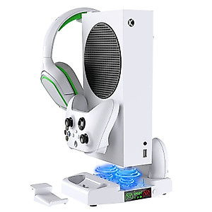 Vertical Cooling Stand with Suction Cooling Fan& Dual Controller Charger Station for Xbox Series S, Cooling Station with 3 Levels Adjustable Fan Speed Cooling System, Headset Stand and Extra USB Ports