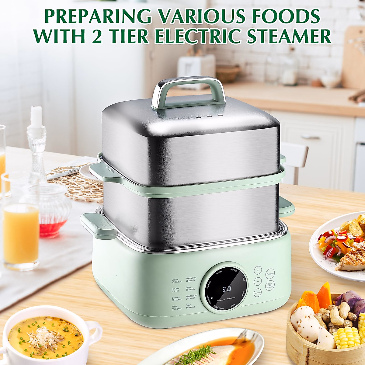 spoonlemon Electric Food Steamer, 9.3L 2-Tier Digital Steamers for Cooking with 24H Booking & 6H Auto Warming, 8 Modes Fast Heating Vegetable Steamers Stainless Steel with Boil Dry Protection, Green