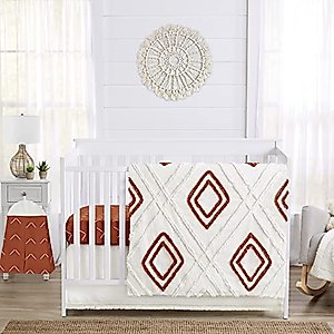 Sweet Jojo Designs Boho Diamond Baby Boy Girl Nursery Crib Bedding Set - 4 Pieces - Ivory Burnt Orange Rust Off White Diamond Tufted Bohemian Farmhouse Southwest Shabby Chic Designer Arrow Chevron