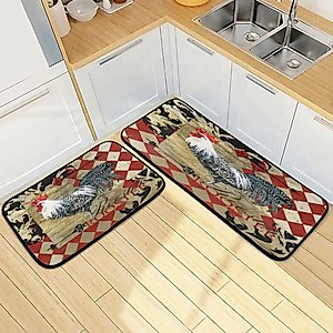 Washable Kitchen Rugs Set 2 Piece Rooster Vintage Domestic Farm Birds Anti Fatigue Floor Mats Bathroom Carpet