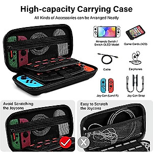 Jxtarar Switch Carrying Case Compatible with Nintendo Switch/Switch OLED, with 20 Games Cartridges Protective Hard Shell Travel Carrying Case Pouch for Console & Accessories, Black