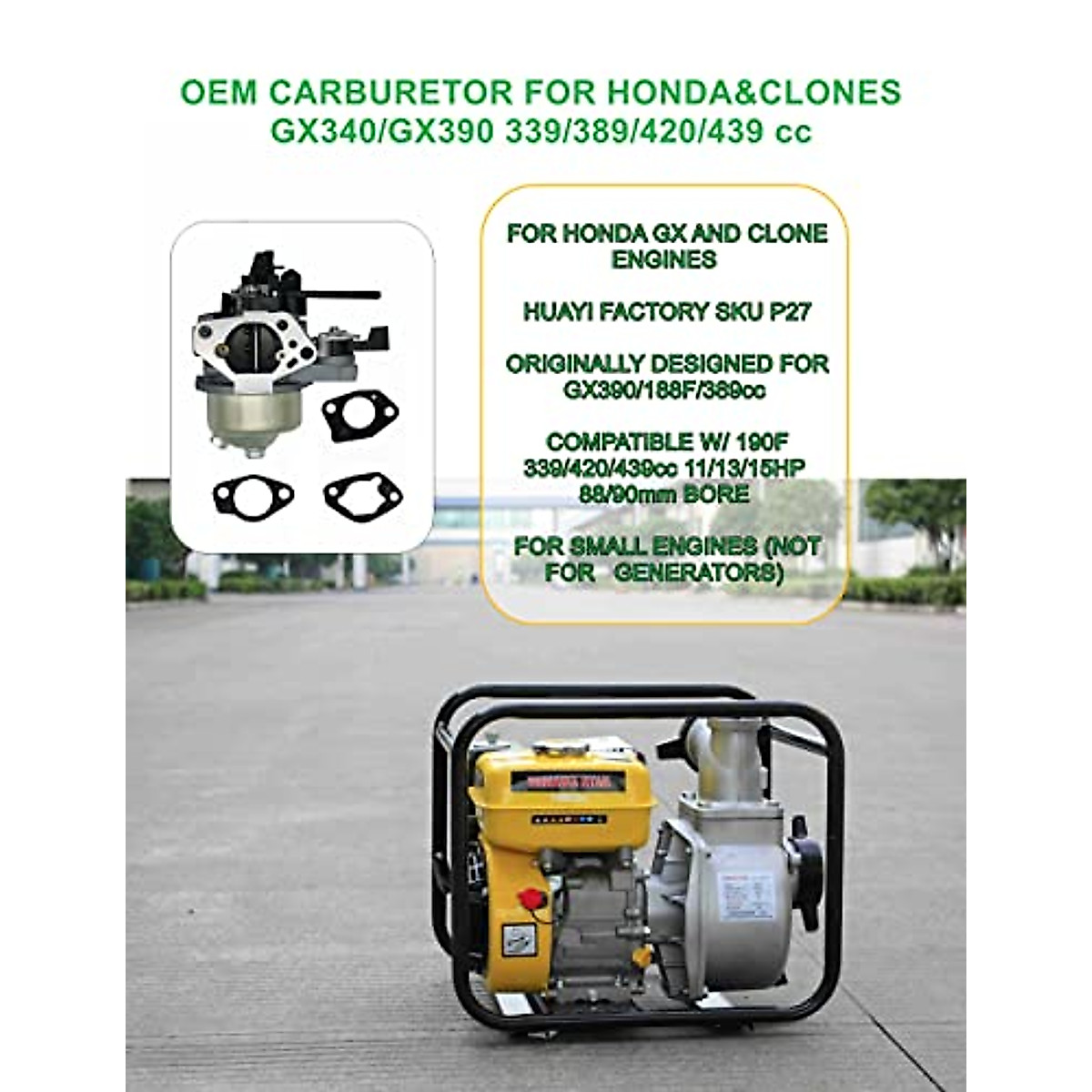 Huayi P27 Predator 420cc Carburetor 16100-ZF6-V01 for Honda and Clone GX390 GX340 11hp Predator 13hp Pressure Washer Snow Blower Mini Bikes