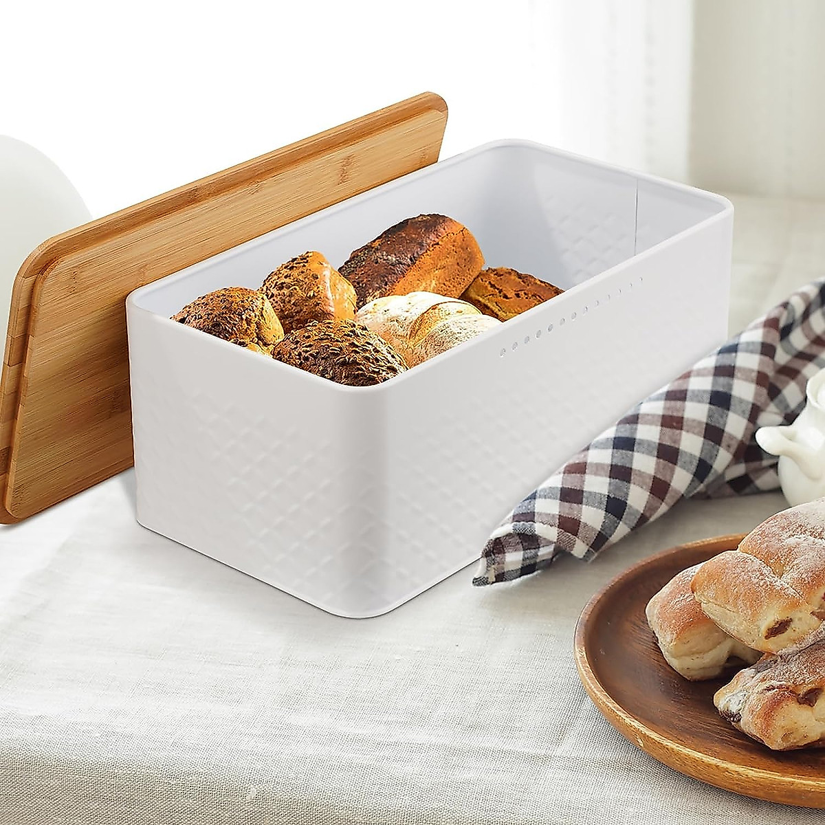 Widousy Bread Bin with Bamboo Lid, White Bread storage box – Bread Holder Bin for Kitchen Countertop Storage Organizer (White)