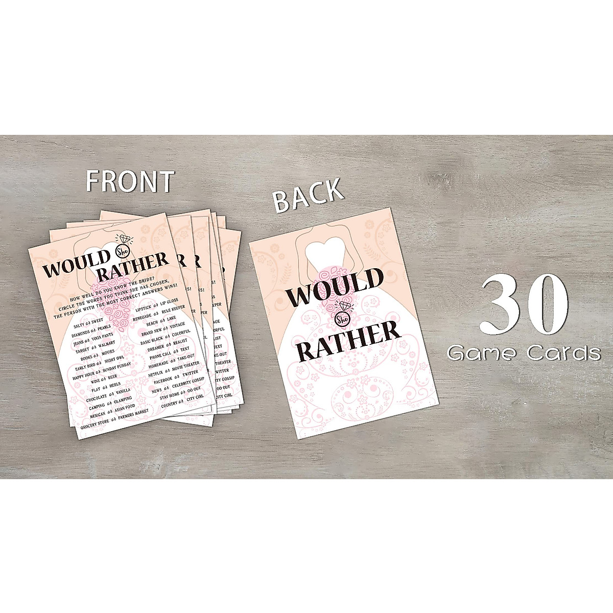 Huastatewolf Bridal Shower Game Cards, Would She Rather Game, Brid with Holding Flowers Pink Engagement Party Cards for Wedding, Set of 30 Cards(Dress003)