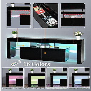 CFTEL Black TV Stand, 60 65 70 75 inch Wood TV Stand, High Glossy Entertainment Center with Large Drawers＆Glass Display Shelf, LED Modern Media Gaming Cabinet TV Console for Livingroom, Bedroom