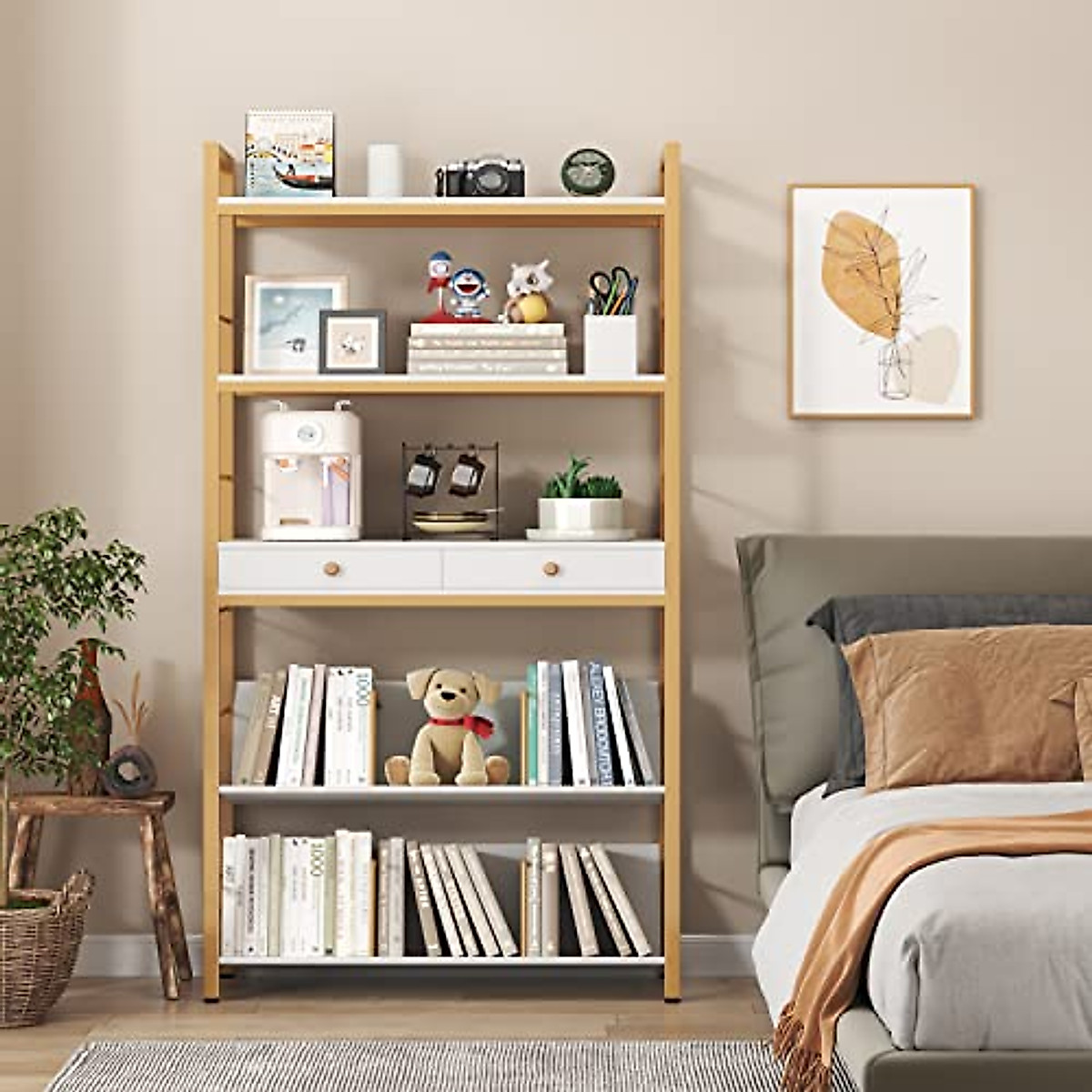YAOHUOO Bookshelf with 2 Drawers-31.5” Widen Industrial Book Shelf with Bookend, 5 Tiers Tall Storage Shelves, Steel Frame Display Rack, Suitable for Bedroom,Office,Living Room,Bathroom