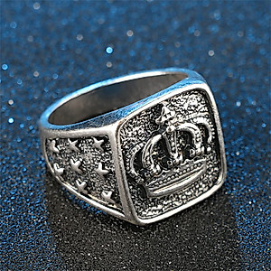 Unisex King Princess Crown Signet Statement Ring for Women Men Silver Plated Square Wide Band Finger Rings Cross Star Engraved Comfort Fit Personalized Jewelry Gifts for Father Brother Sister Size 9