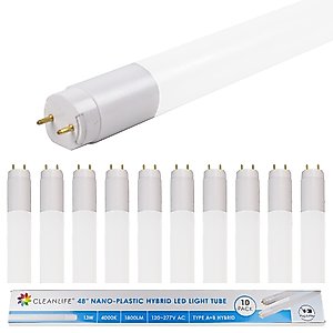 CLEANLIFE 10-pack 4 foot LED Tube Light - LED Replacement for Fluorescent Tubes - T8 LED Light Bulbs - LED Shop Light 4ft, Replaces T8 Fluorescent Lamp, Type A+B Ballast Compatible, DLC, 5-Yr Warranty