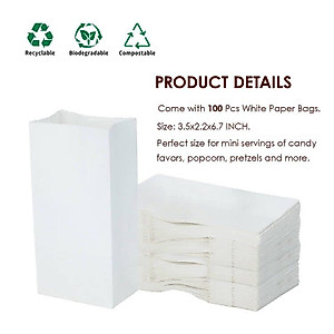 Kslong 100PCS Mini White Paper Bags, Small Paper Treat Bags l LB, Kraft Paper Sandwich Cookies Bags Bulk for Candy, Snack, Popcorn, Lunch, Party Favor, Thank You Gift Packaging 3.5x2.2x6.7 Inch