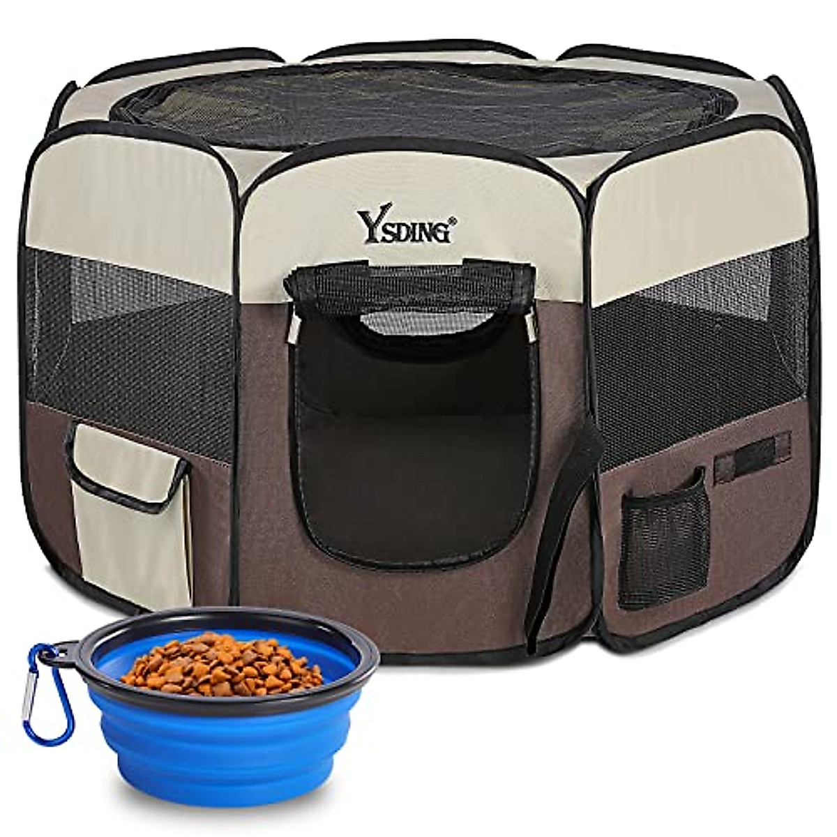 Ysding Portable Foldable Pet Playpen and Puppy Playpen with Free Carrying Case Collapsible Travel Bowl,Indoor/Outdoor Use and Available in Brown 3 Sizes for Various Sizes Dog/Cat/Puppy/Rabbit