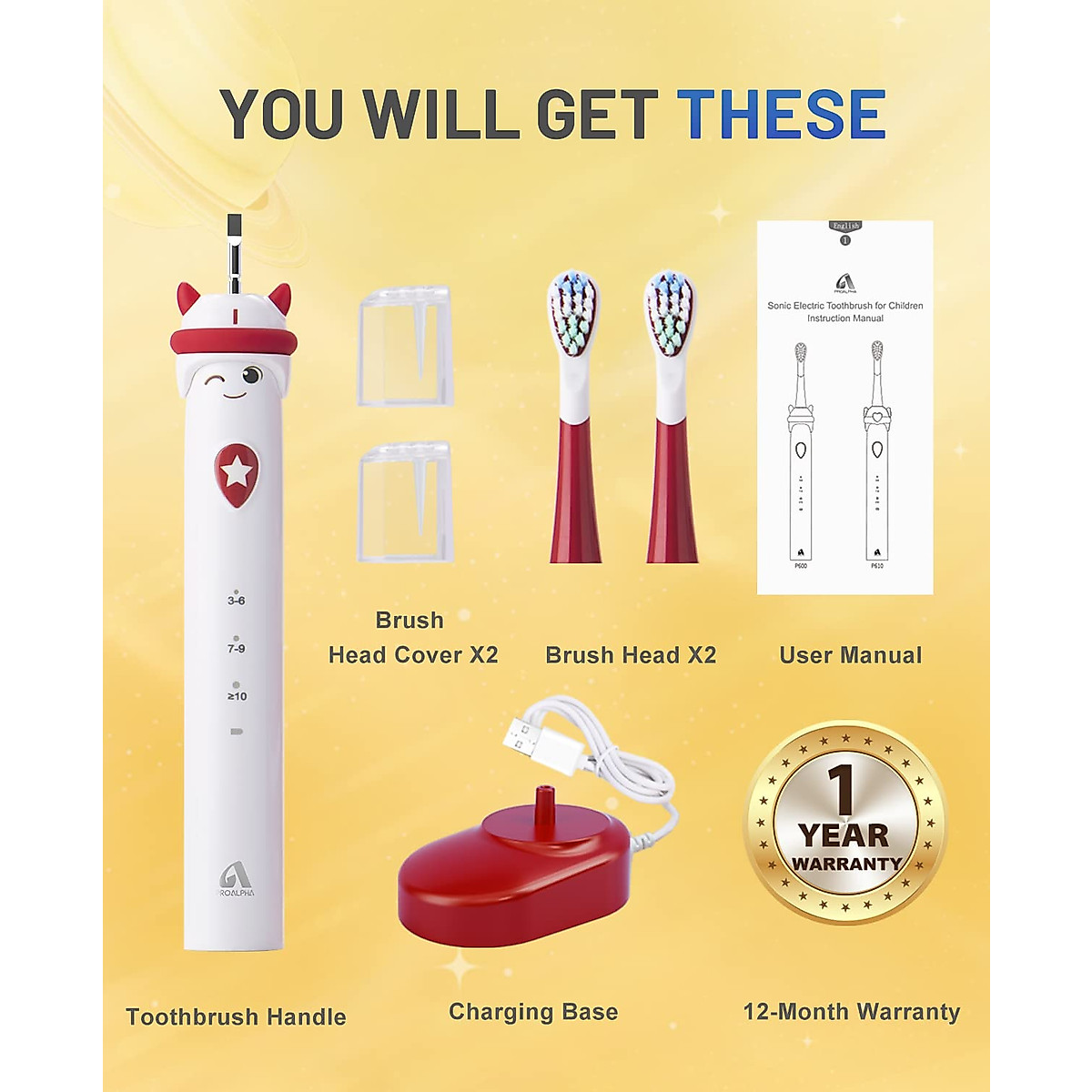 JTF Kids Electric Toothbrush-for Ages 3-12, Rechargeable Electric Toothbrushes, Wireless Fast Charge & Long Battery Lasting for 60 Days,with Smart Timer 3 Modes & 2 Kids Size Brush Heads, Red…