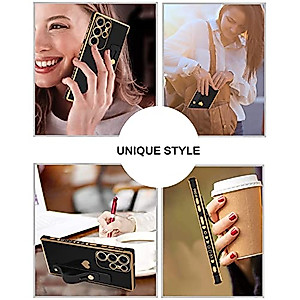 BENTOBEN Galaxy S23 Ultra Case with Adjustable Wristband Strap Kickstand,Slim Luxury Heart Design Plated Soft Bumper Women Men Girl Protective Cover Case for Samsung Galaxy S23 Ultra 6.8",Black/Gold