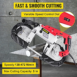 VEVOR Portable Band Saw, 5Inch Cutting Capacity Corded BandSaw, Variable Speed Hand held Band Saw,10Amp Motor Portable Bandsaw, Deep Cut Bandsaw for Metal Wood Tubing Pipes Rebar and Plastic
