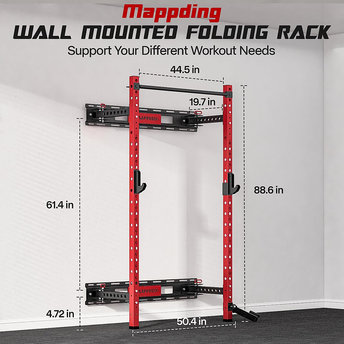 Mappding Folding Squat Rack Wall Mounted, 1100 LBS Foldable Squat Power Rack Weight Cage with Pull Up Bar, J-Cups, Landmine and Partable Space Saving Free Standing for Home Gym Garage Workout, Red
