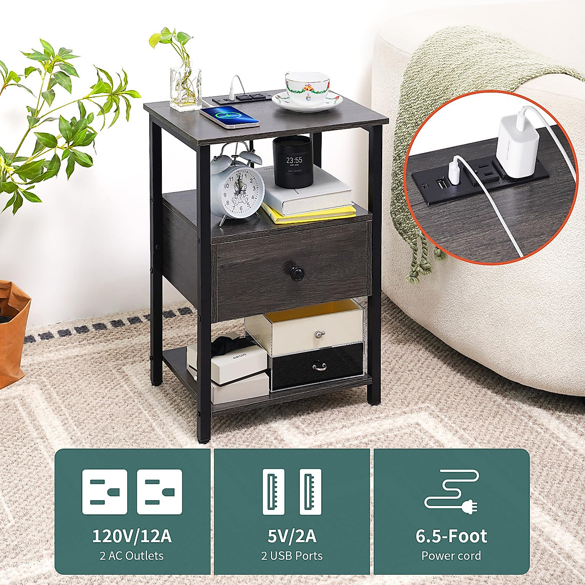 Yoobure Nightstands Set of 2, Night Stand with Charging Station Night Stand with USB Ports, Night Stands with Wood Drawer and Storage Shelf Bedside Table for Bedroom Small Spaces Grey