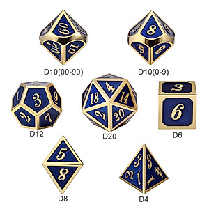 Set of 7 Metal Dice Set with Storage Box - Royal Blue with Gold Numbers - Includes D4, D6, D8, D10, D12, D20 and D% by SciencePurchase