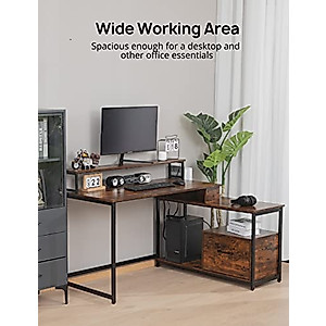 AMNOOL L Shaped Office Desk Home Office Computer Desk with Power Socket and LED Light Strip Gaming Desk with File Drawer Corner Desk with Monitor Stand and Printer Storage Rack
