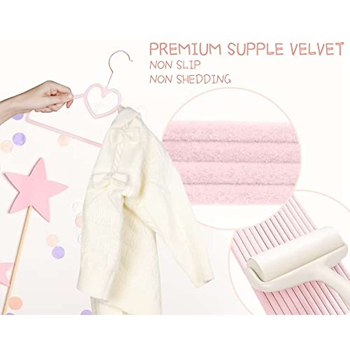 Pink Heart Velvet Baby Hangers - 50pack 13inch Toddler Hangers with 20pcs Clips, Premium Velvet Strong and Durable Baby Clothes Hangers Without Slipping, Ultra Slim and Stackable Space Saving