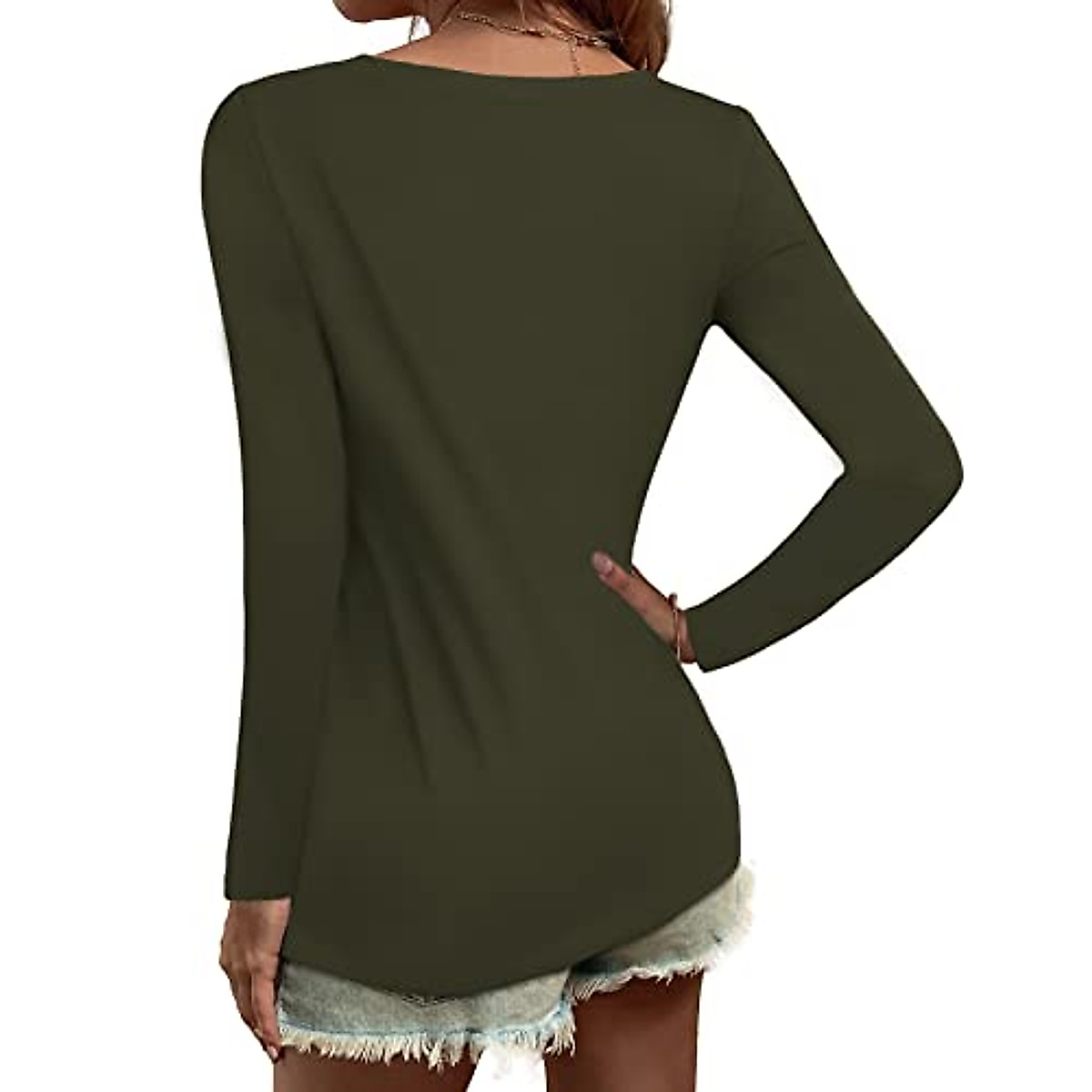 Elesomo Womens Long Sleeve T-Shirt Casual V-Neck Cotton Shirts Tops, Army Green XXL