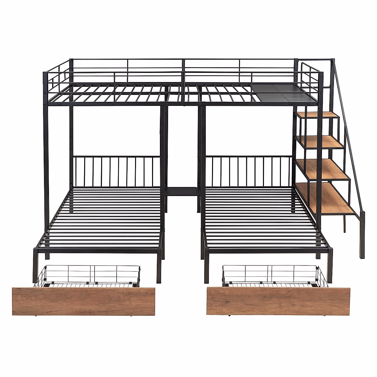FANYHOME Full Over Twin & Twin Size Metal Bunk Bed with Drawers and Staircase, Divided into 4 Separate Beds, Heavy-Duty Steel Frame Bunk Bed for Kids Teens Adults (Black)