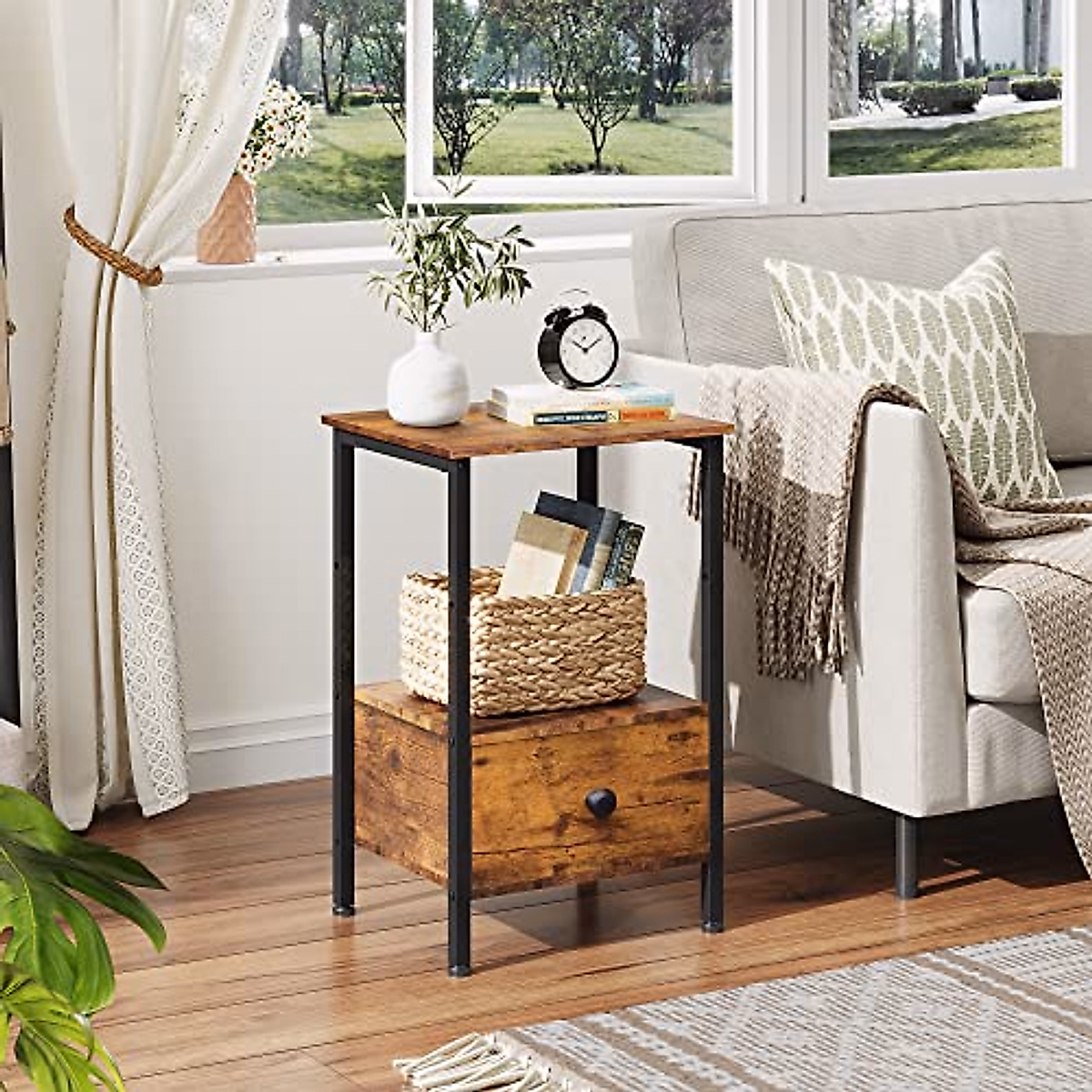 WLIVE Nightstands Set of 2, Bedside Tables with Adjustable Wooden Drawer, 2-Tier Night Stands for Couch, Bed, Sofa, End Table Side Table for Bedroom, Living Room, Rustic Brown