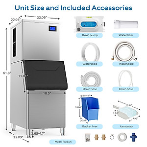 Ice Machine Commercial Ice Maker Machine Large Industrial Stainless Steel Freestanding Ice Machine 410Lbs/24H with 400LBS Storage Bin Ice Ready in 7-12 Mins, Clear Cube Ice (410Lbs/24H)