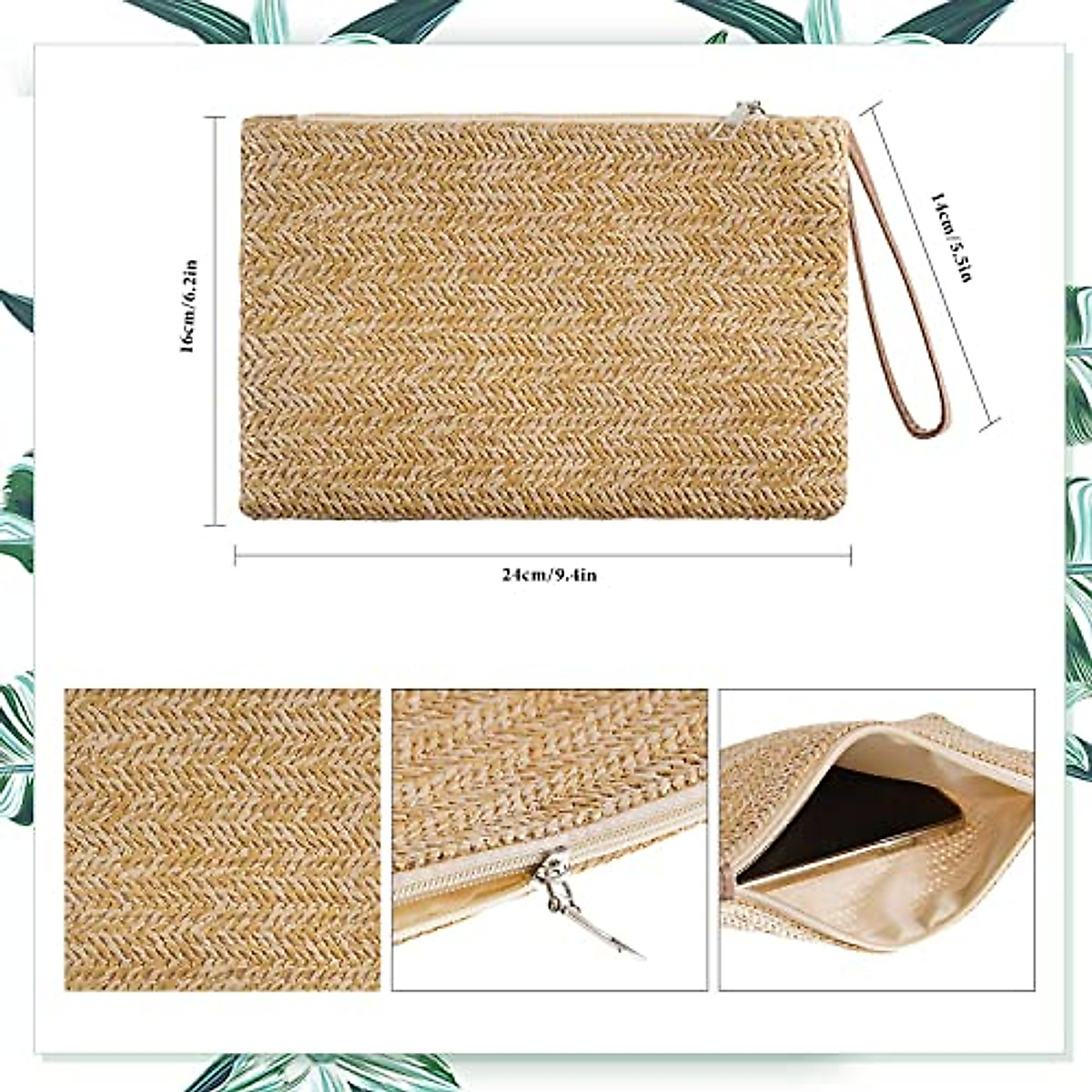 Epakh 12 Pcs Straw Clutch Bag Bohemian Summer Beach Straw Purse Wristlet Straw Handbags for Summer Small Clutch Purses for Women (White)