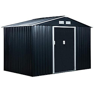 9'X6' Garden Tools Storage Shed Lawn Care Equipment Bicycles Pool Supplies Storage Patio Yard Backyard Use Sloped Roof Design 2 Sliding Door 4 Ventilation Window Galvanized Steel Frame Construction