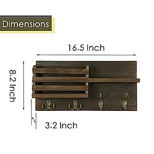 ROOREVO Key Holder for Wall Mail Holder Wall Organizer with Key Hooks and A Floating Shelf Rustic Home Decor for Entryway or Mudroom,Brown