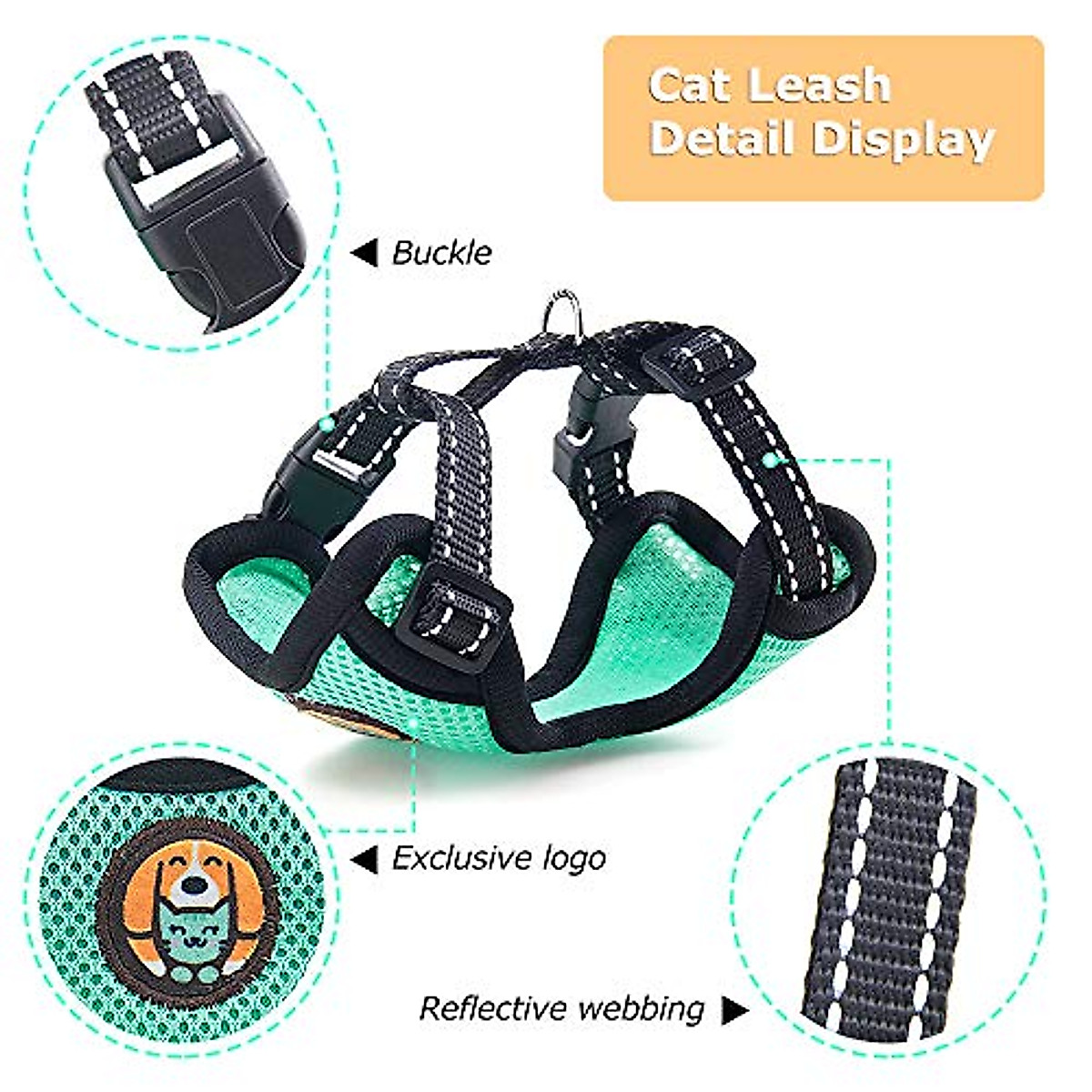 AWOOF Reflective Kitten Harness and Leash Escape Proof with Car Seat Belt, Adjustable Cat Puppy Walking Jacket with Metal Leash Ring, Soft Breathable Small Pet Vest (S)