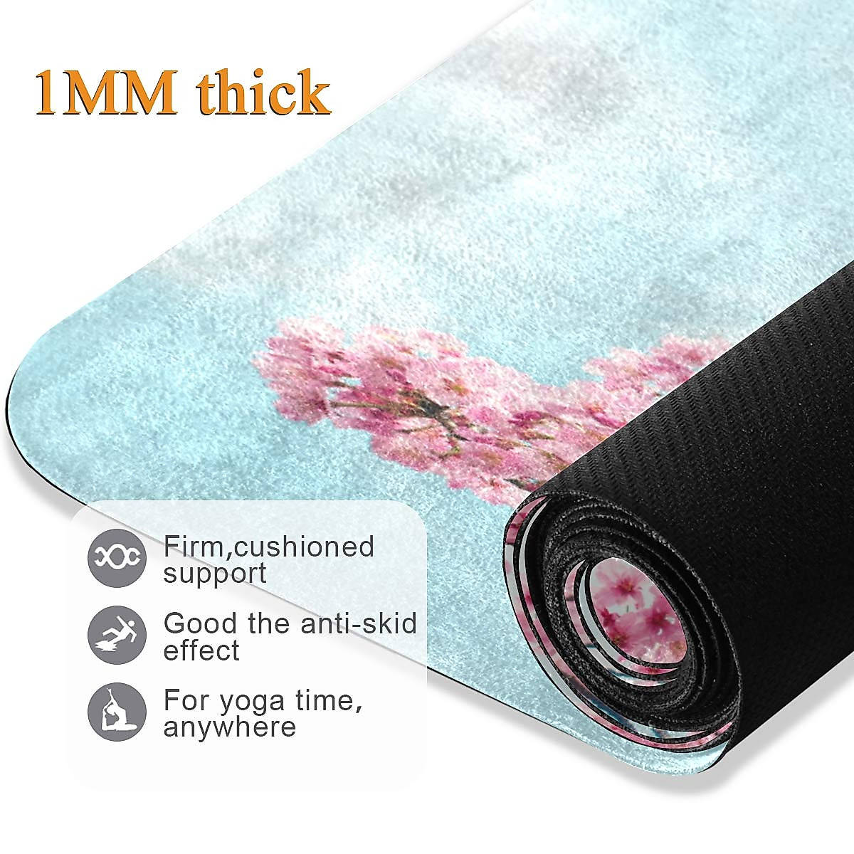 Qilmy Beautiful Cherry Blossoms Yoga mat,Best No-Slip Hot Yoga Mat, No-Toxic,TPE Yoga mat,Ideas for Exercise,Yoga and Pilates(71”x26”X 1mm)
