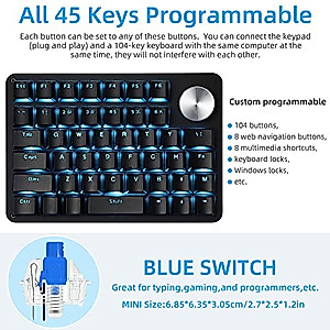 Koolertron One Handed Mechanical Gaming Keyboard with 24 Macro Keys, 45-Key Fully Programmable Mini Keypad, Mini USB Macro Keyboard with Rotating Knob, Blue Backlit, for Windows PC Gamers