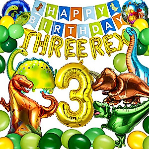 Dinosaur Birthday Party Decorations Supplies, 3 Years Old Boy Birthday Celebration Set Dinosaur Party Balloon Birthday Banner Dino Themed for Kid's Birthday Party, Gold Green