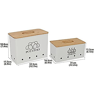 Xbopetda Potato Onion Storage Box, Food Container Sets, Storage Canisters for Vegeatables, Set of 2 Jars Pots Containers, Potato & Onion Bin with Aerating Tin Storage Holes & Bamboo Lid-White
