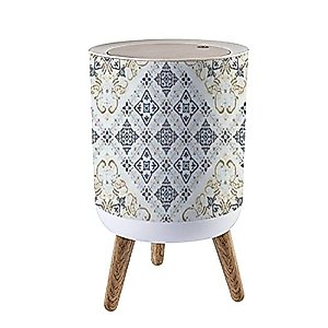 Small Trash Can with Lid Seamless Based on Ornament Paisley Bandana Print Vintage Style Silk Wood Legs Press Cover Garbage Bin Round Waste Bin Wastebasket for Kitchen Bathroom Office 7L/1.8 Gallon